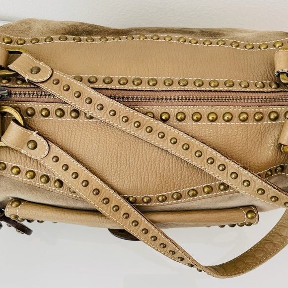 Bags | Luella Cognac Studded Large Genuine Suede Duffel Bag | Poshmark